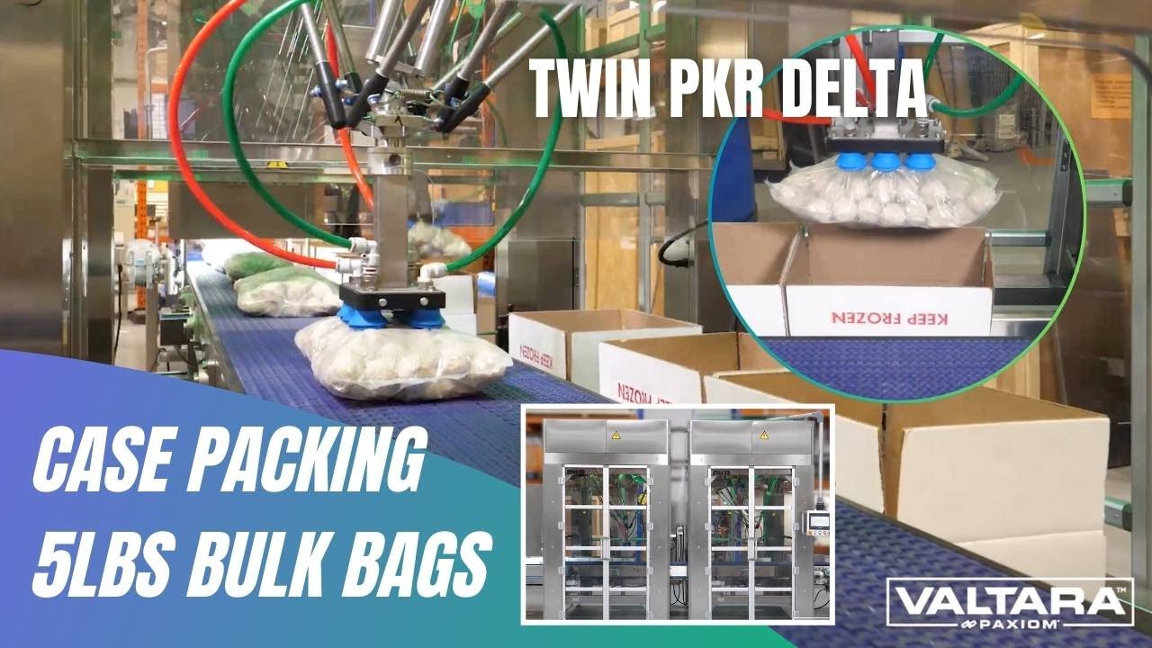 Twin PKR Delta Robotic Case Packing System Pick and Place 5-LB Bulk Bags Into Cases