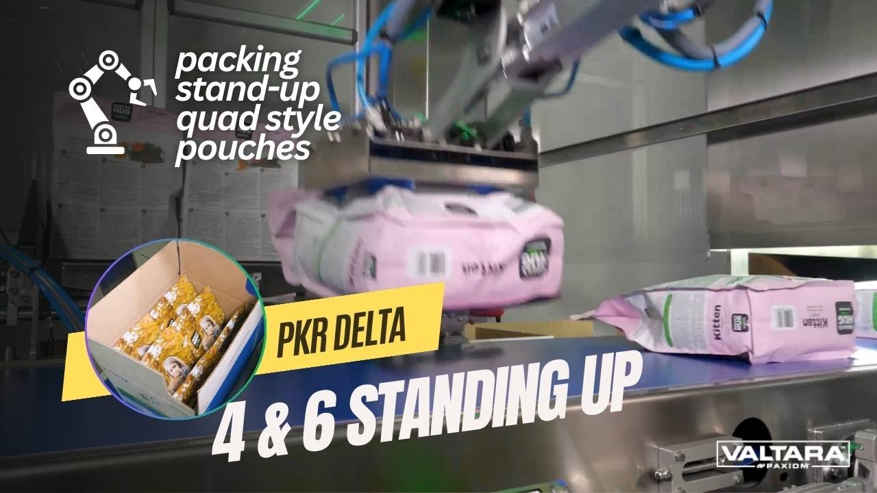 PKR Delta Robot Cell Packing Stand Up Quad style Pouches into Cases